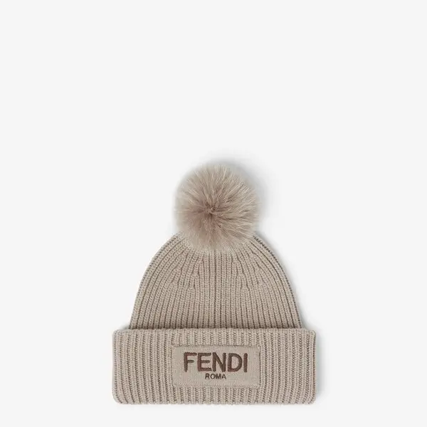 Fendi Rib Knit Wool Beanie With Fox Fur Pom Pom - Grey