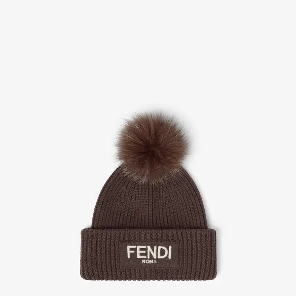 Fendi Wool Beanie With Fox Fur Pompon - Brown