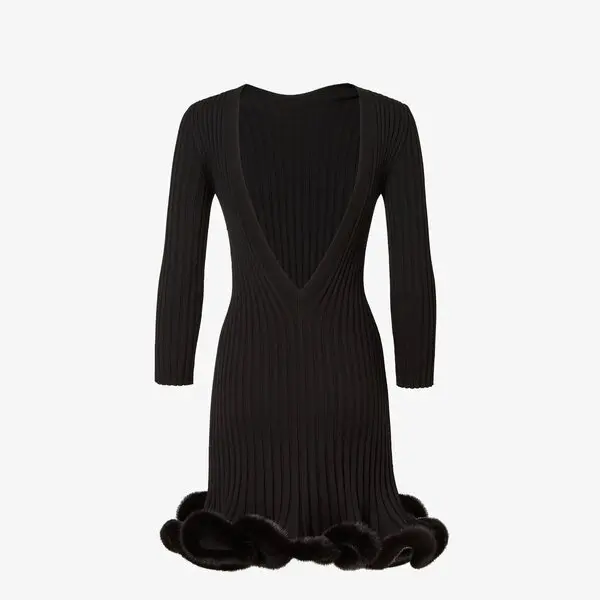 Fendi Rib Knit Mini Dress With Mink Trims