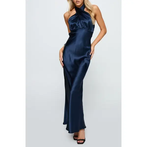 Princess Polly Rosaminta Halter Neck Satin Gown - Dark Blue
