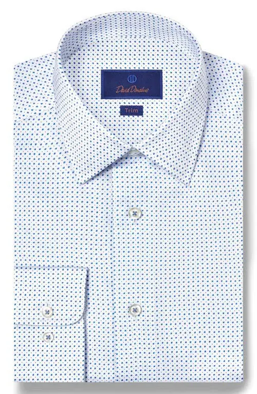 David Donahue Trim Fit Neat Cotton Herringbone Dress Shirt - White/blue