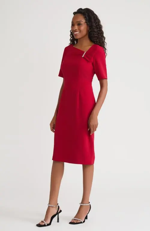 KASPER Asymmetric Neck Sheath Dress - Fire Red