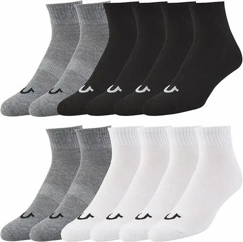 True Religion 12 Pairs Of Quarter Athletic Ankle Socks - Grey/black/white