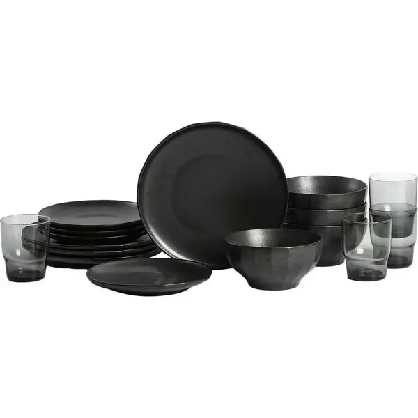 STONE + LAIN Rio Stoneware 16-piece Dinnerware Set With Glasses - Black