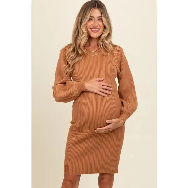 PINKBLUSH Bubble Sleeve Sweater Dress - Camel