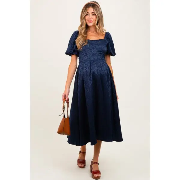 PINKBLUSH Floral Jacquard Puff Sleeve Midi Dress - Navy Blue