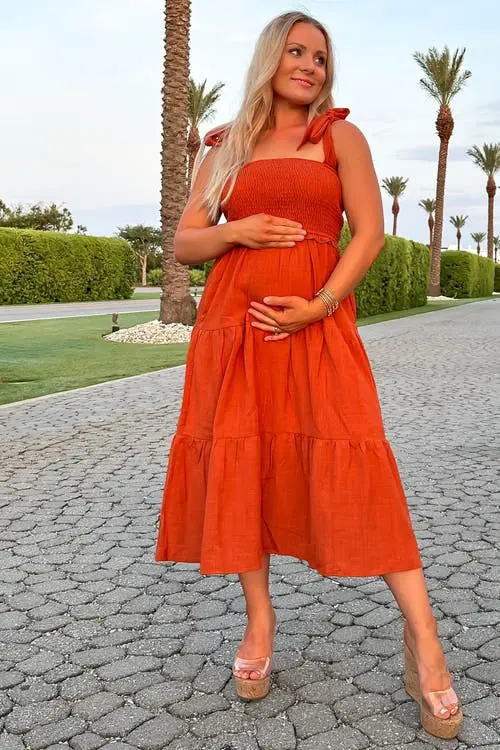 PINKBLUSH Bow Strap Tiered Midi Dress - Rust