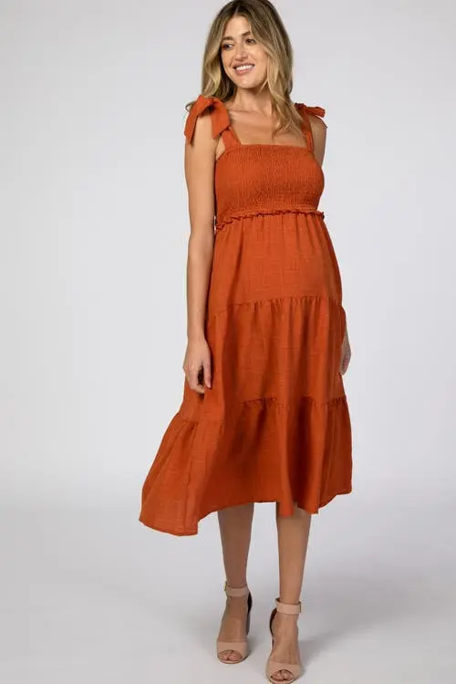 PINKBLUSH Bow Strap Tiered Midi Dress - Rust