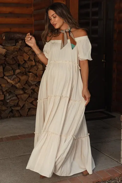 PINKBLUSH Off Shoulder Ruffle Tiered Maxi Dress - Cream