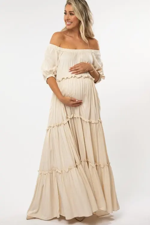 PINKBLUSH Off Shoulder Ruffle Tiered Maxi Dress - Cream