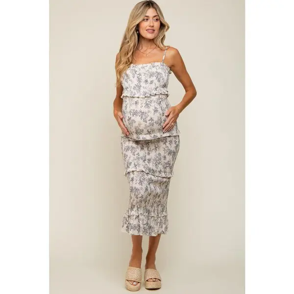 PINKBLUSH Floral Smocked Fitted Maternity Midi Dress - Cream
