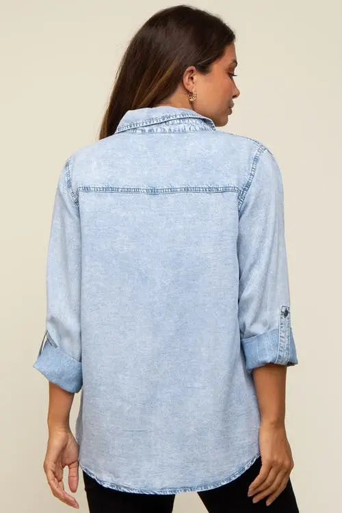 PINKBLUSH Chambray Rolled Cuff Shirt - Light Blue
