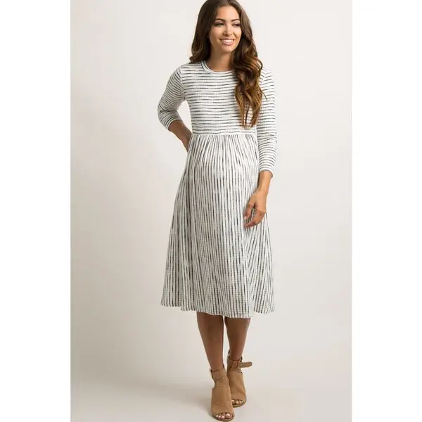 PINKBLUSH Ribbed Striped Pleated Midi Dress