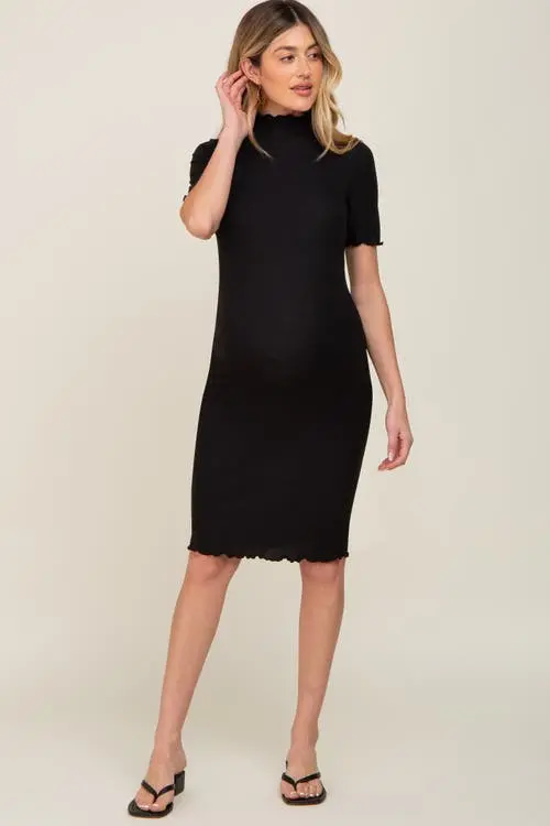 PINKBLUSH Ribbed Mock Neck Fitted Midi Dress