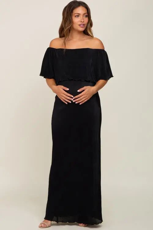 PINKBLUSH Pleated Ruffle Off Shoulder Maxi Dress - Black