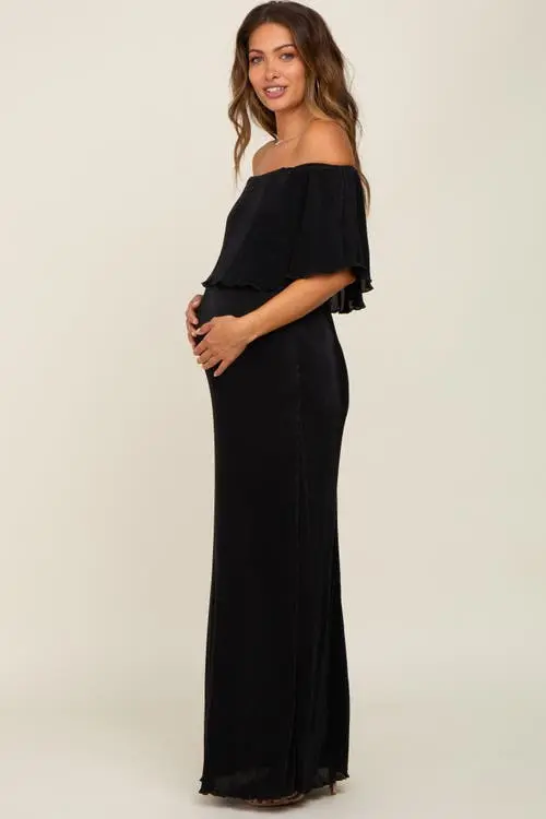 PINKBLUSH Pleated Ruffle Off Shoulder Maxi Dress - Black