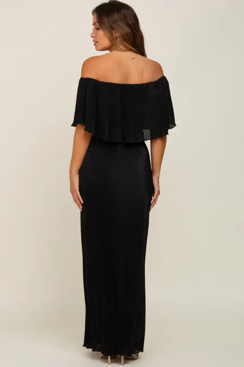 PINKBLUSH Pleated Ruffle Off Shoulder Maxi Dress - Black