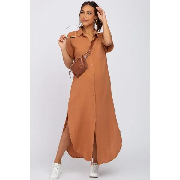 PINKBLUSH Button Down Midi Dress - Camel