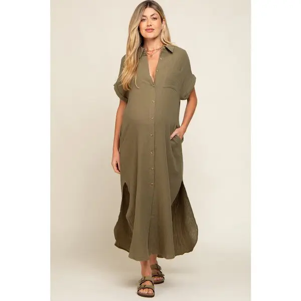 PINKBLUSH Button Down Midi Dress - Olive Green