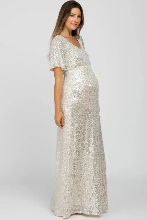 PINKBLUSH Sequin Short Sleeve Maternity Maxi Dress - Cream