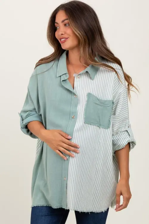 PINKBLUSH Colorblock Stripe Oversized Button Down - Light Olive