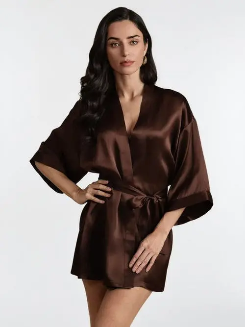 SILKSILKY Glossy Pure Silk Short Robe - Brown