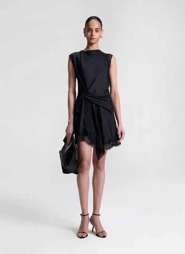alc black leather dress A.L.C. Women's Lucia Satin and Lace Midi Dress in Black/Black, Size 14 main image 0