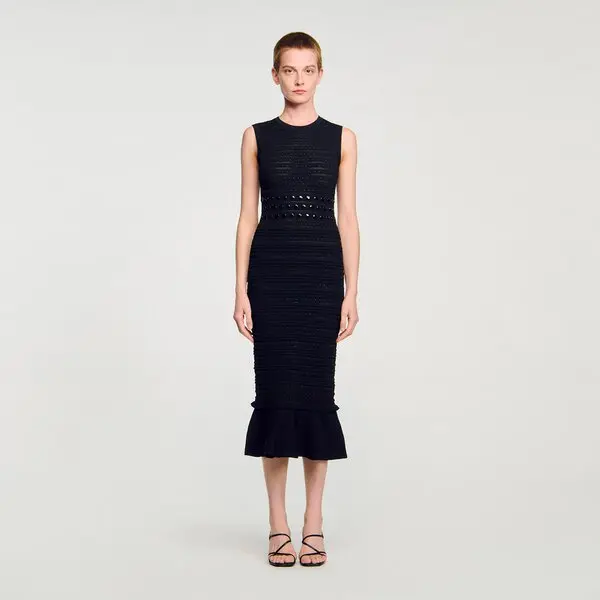 Sandro Pointelle Knit Midi Dress With Studs In Black - 50% Off |  Editorialist