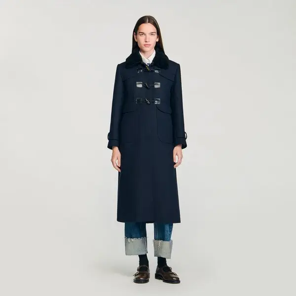 Sandro Long Coat With Removable Shearling Collar