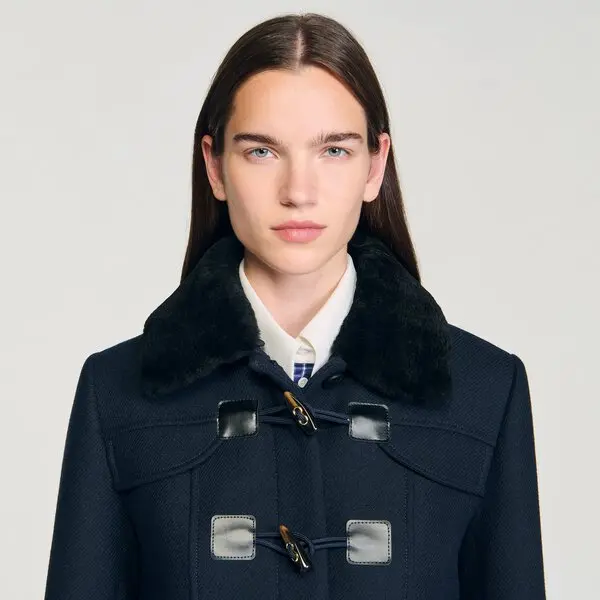 Sandro Long Coat With Removable Shearling Collar