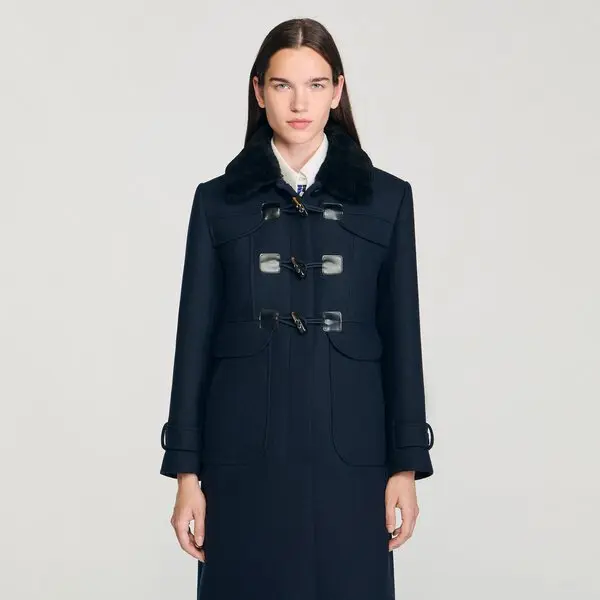 Sandro Long Coat With Removable Shearling Collar