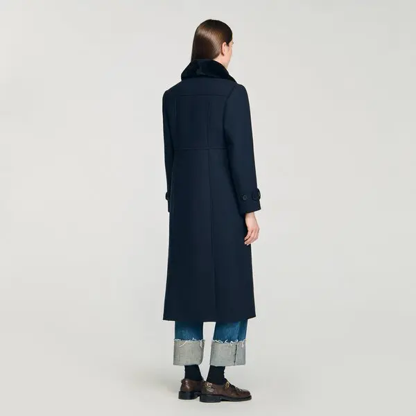 Sandro Long Coat With Removable Shearling Collar