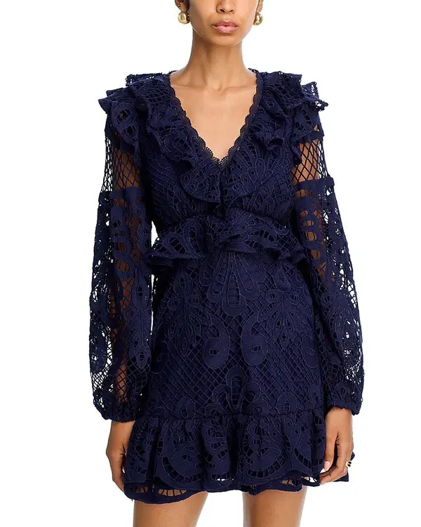Aqua Lace V Neck Long Sleeve Ruffle Mini Dress - Exclusive - Navy - XXS