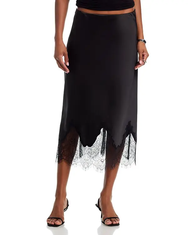 Aqua Lace Trim Satin Midi Slip - Black