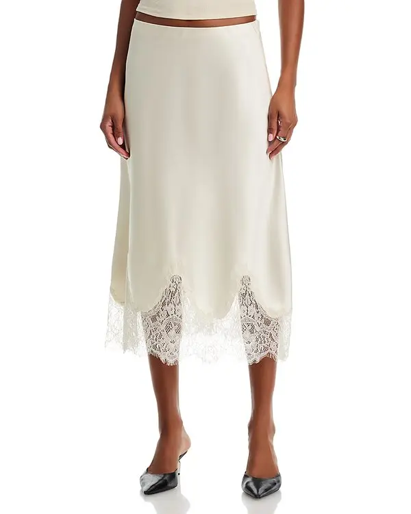 Aqua Lace Trim Satin Midi Slip - Champagne