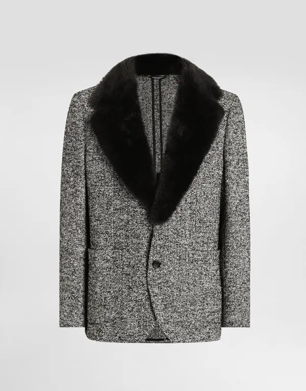Dolce & Gabbana Single-breasted Dotted Wool Jacket With Fur Collar