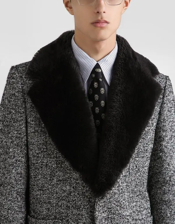 Dolce & Gabbana Single-breasted Dotted Wool Jacket With Fur Collar