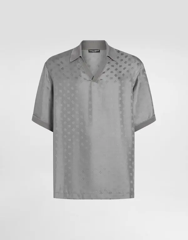 Dolce & Gabbana Silk Jacquard Polo Shirt With Dg Logo - Grey