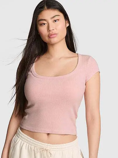 Pink Vintage Ribbed Scoop Neck Tee - Pink