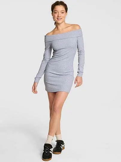 Pink All-day Soft Rib Off-the-shoulder Mini Dress - Grey