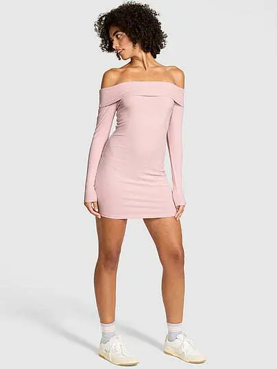 Pink All-day Soft Rib Off-the-shoulder Mini Dress - Pink