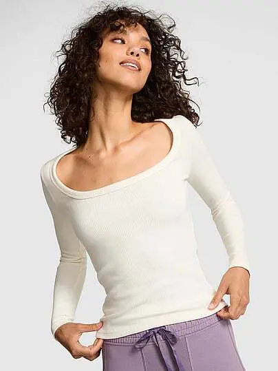 Pink Ribbed Scoop Neck Long-sleeve Tee - Beige