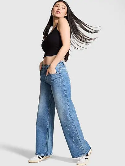 Pink Denim Mid-rise Baggy Wide-leg Jeans - Blue