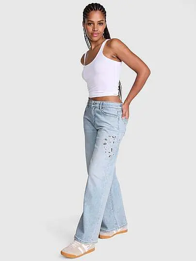Pink Denim Mid-rise Baggy Wide-leg Jeans - Blue