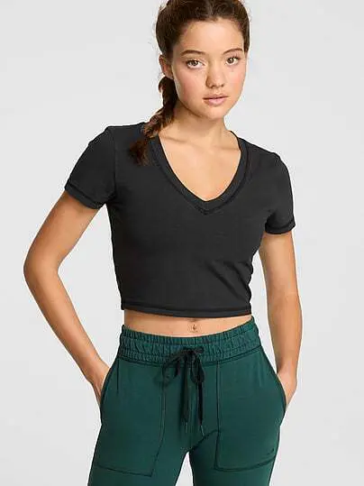 Pink All-day Cotton™ V-neck Cropped T-shirt - Black