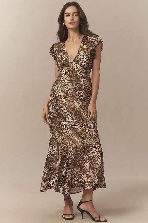 Bhldn Flutter-sleeve Plunge Maxi Dress