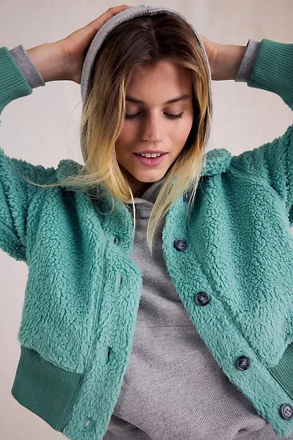 Free People Molly Faux Sherpa Cardigan - Mermaid Kelp