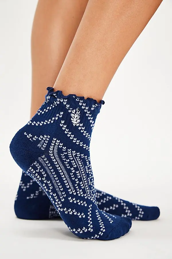 Free People Printed Ruffle Crew Socks - Navy Geo