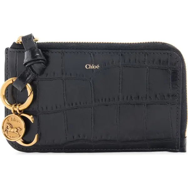 Chloé Small Alphabet Zip Croc Embossed Leather Card Holder - Black