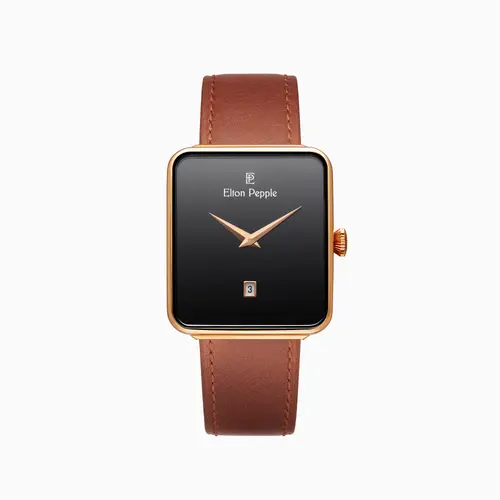 ELTON PEPPLE Watch With Calfskin Leather Strap - Black/brown/rose Gold